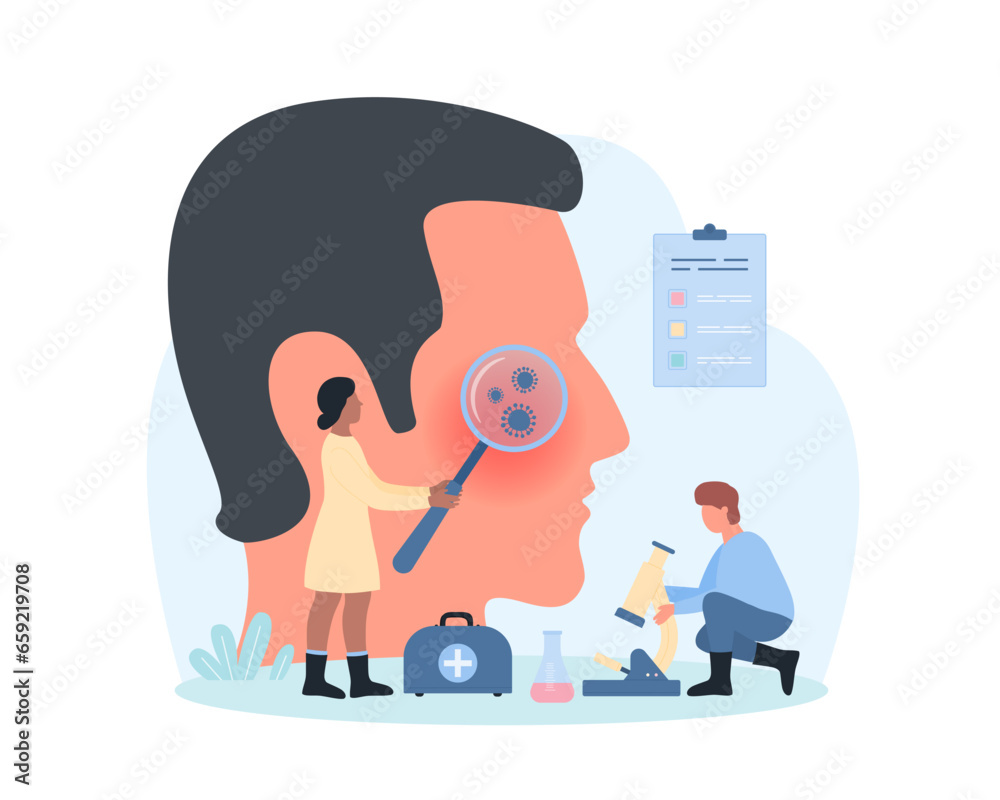 Skin microbiome research, dermatology vector illustration. Cartoon tiny ...