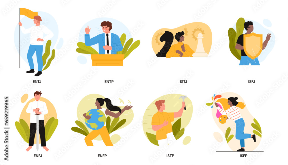 MBTI, socionics types set vector illustration. Cartoon isolated ...