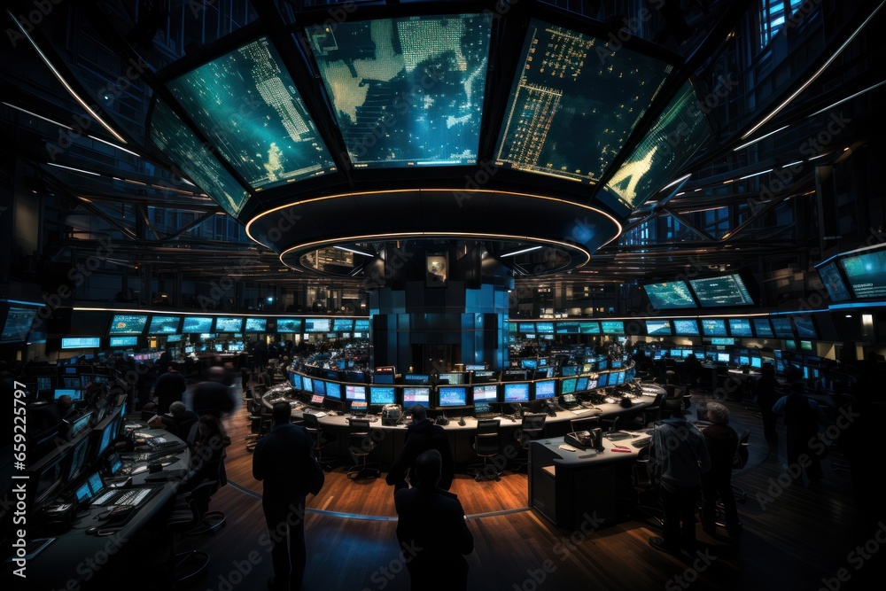 Bright fluorescent lighting of the stock exchange hall, blurry pace of ...