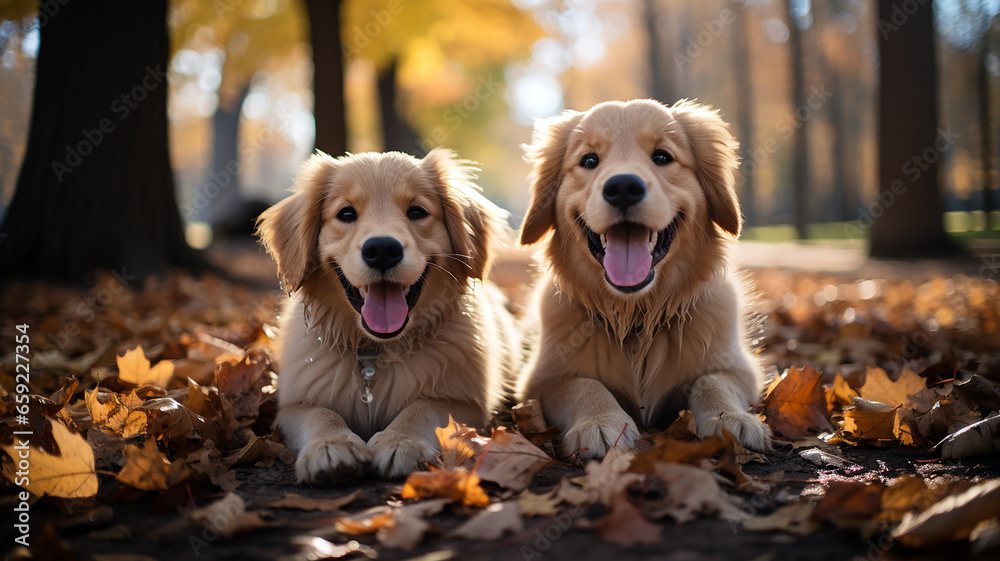 Two heartwarming Golden Retrievers. Fluffy and brightly colored, their ...
