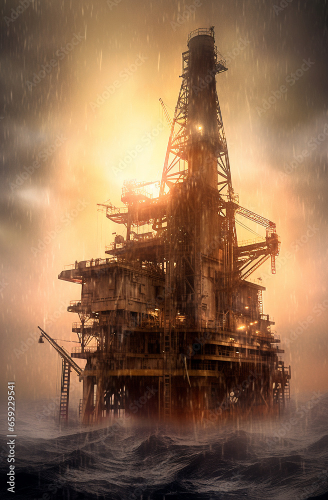 Embrace the industrial beauty of an oil rig with a crane at sunset, in ...