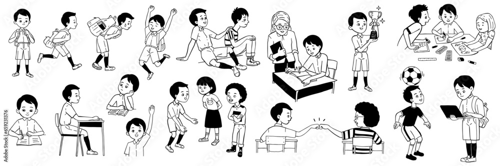 Vetor de Vector illustration doodle character set of male student in ...