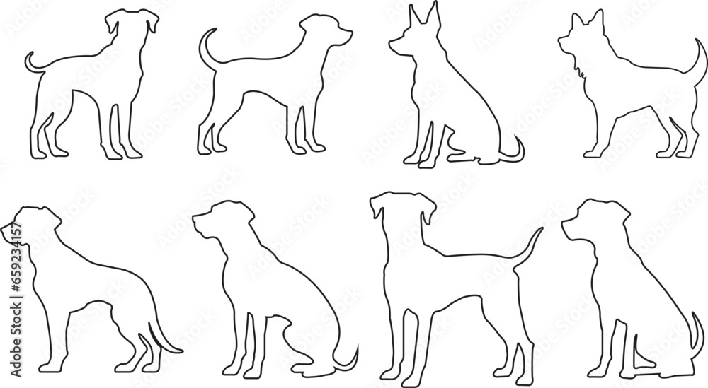 set of line Dog Silhouettes. No open shape or path. Dogs breeds ...