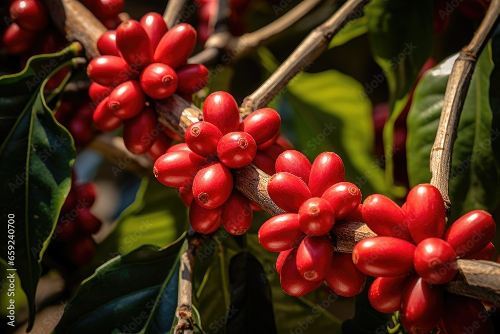 Coffee bean berry ripening on a tree in an organic coffee plantation ...