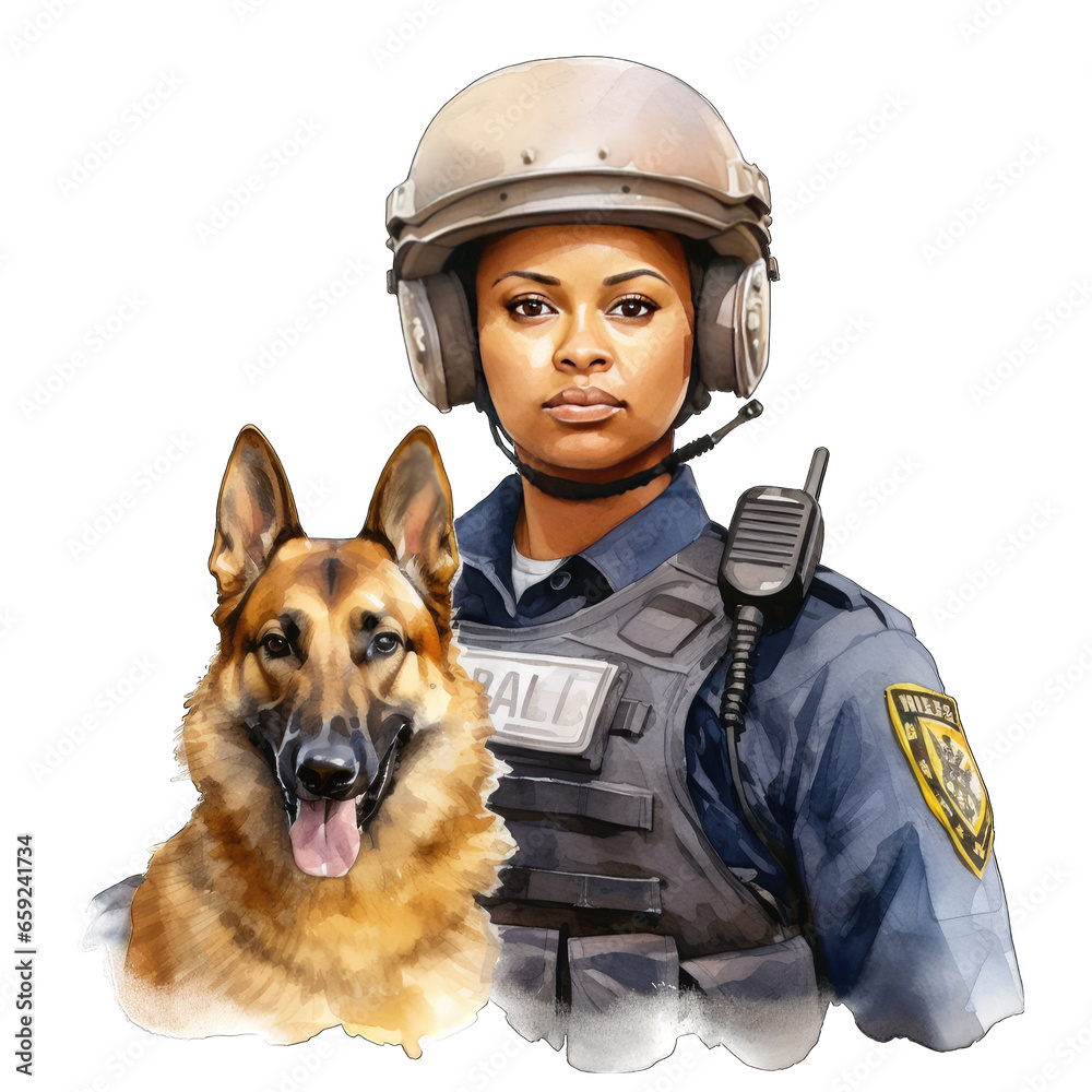 Black African American woman police officer, portrait with K9 dog ...