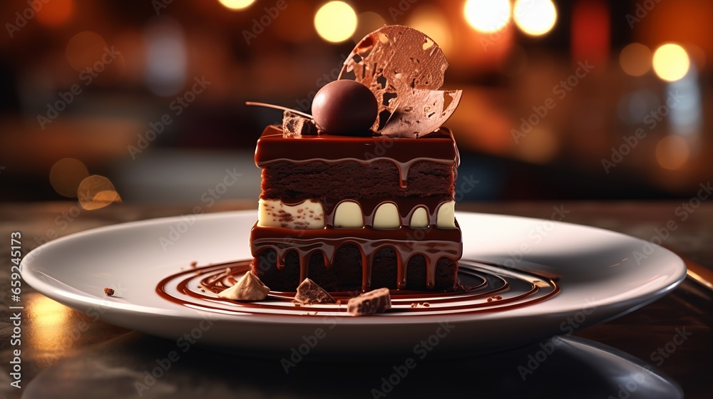 chocolate cake sauce decoration layered textures dynamic lighting food ...