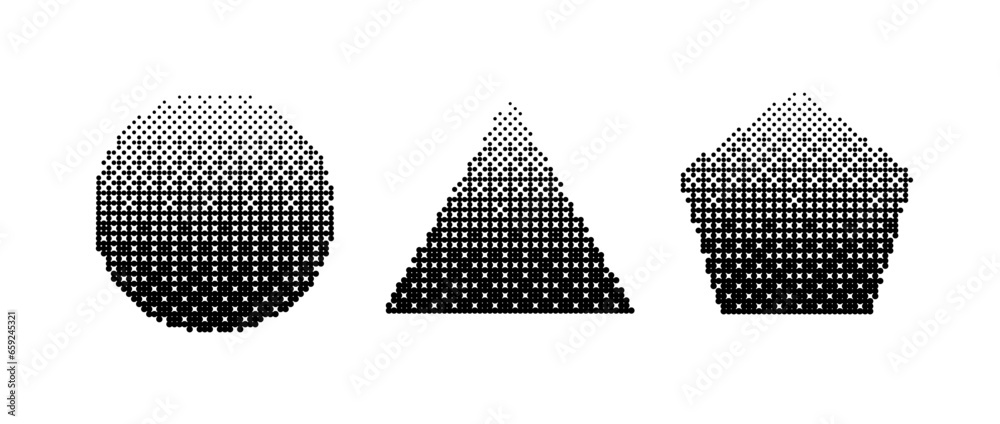 Vecteur Stock Geometric shapes bitmap set. Dither gradient forms collection. Circle, triangle ...