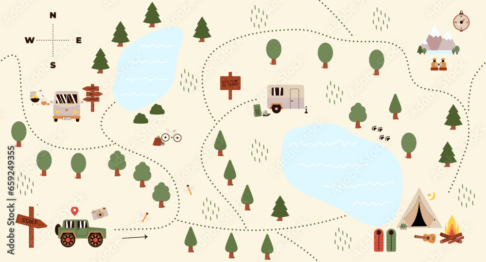 Seamless Pattern map of the forest Hiking and Camping. Nature digital ...
