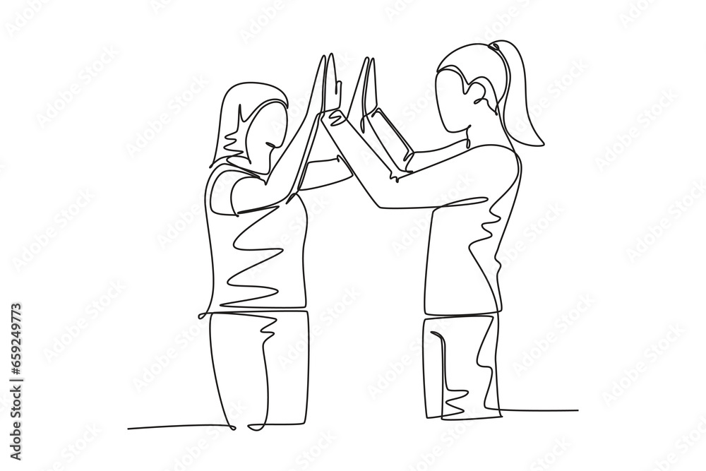 Single one line drawing two best friends girls reunite and giving high ...