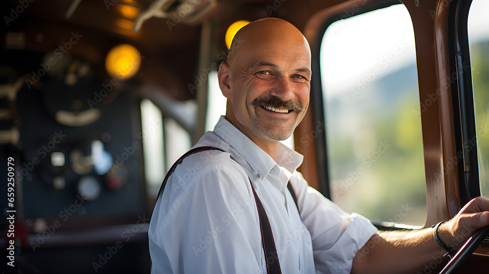 Portrait of rail steam train driver at work, slim bald train driver ...