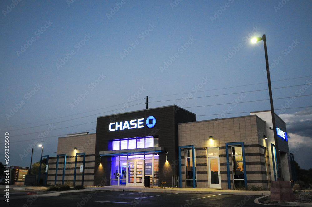 Exterior front view of a Chase Bank branch at night in Mesa, Arizona ...