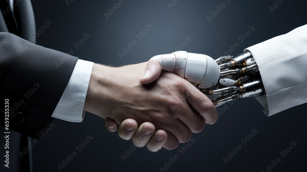Robot and human hand holding hands The development of AI technology and ...