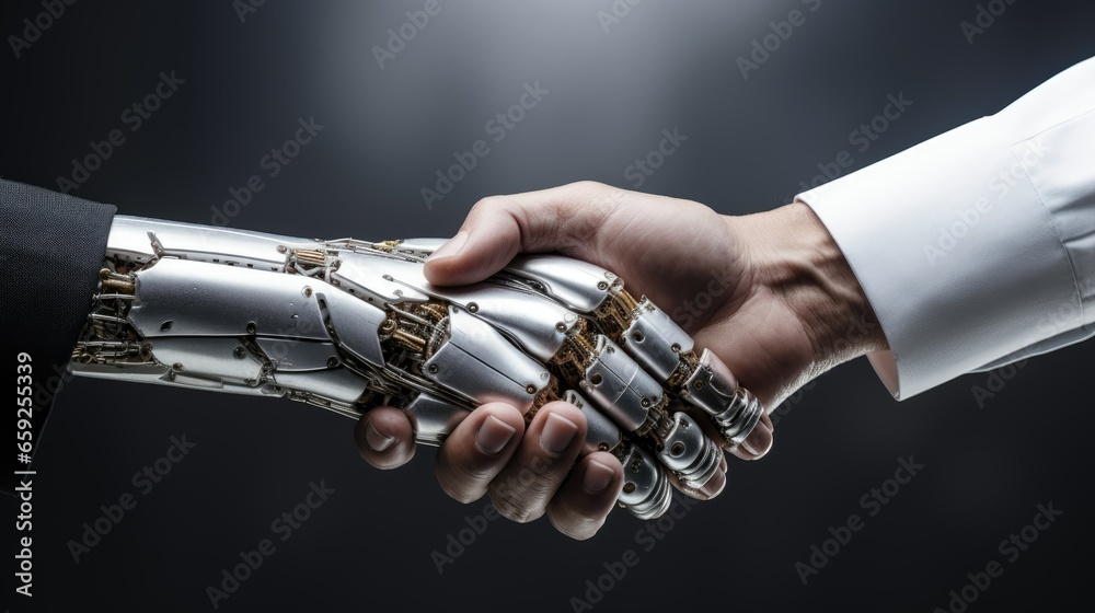 Robot and human hand holding hands The development of AI technology and ...