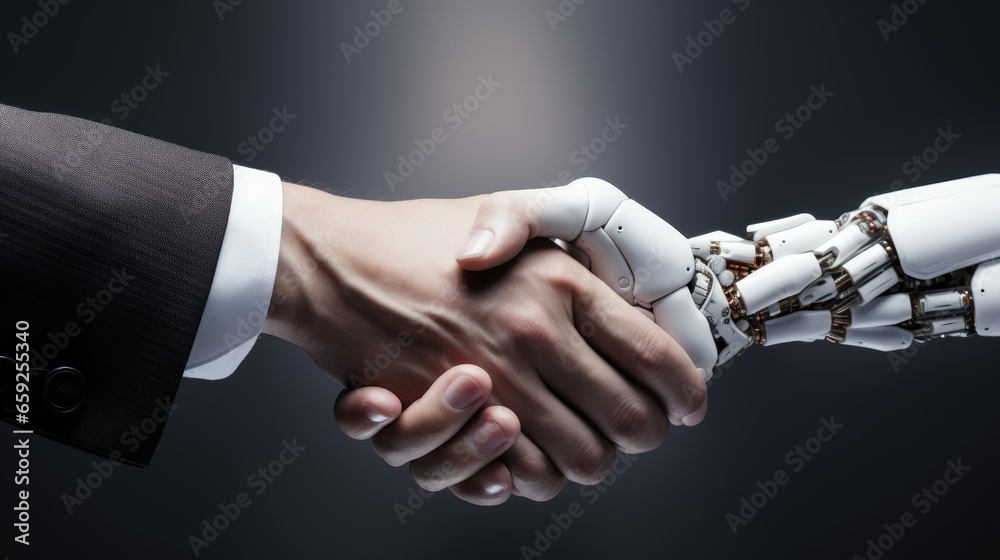 Robot and human hand holding hands The development of AI technology and ...