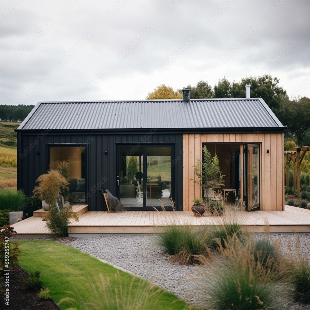 Tiny one floor timber frame house with double front doors and terrace ...