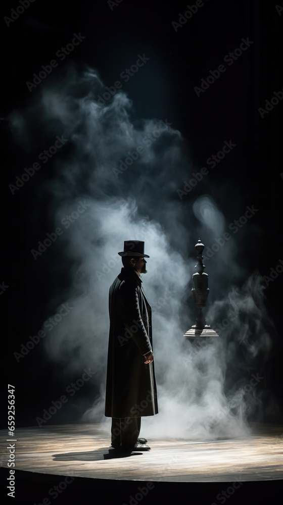 Mystique Unveiled: A Lone Figure on a Foggy Stage,Silhouette of a ...