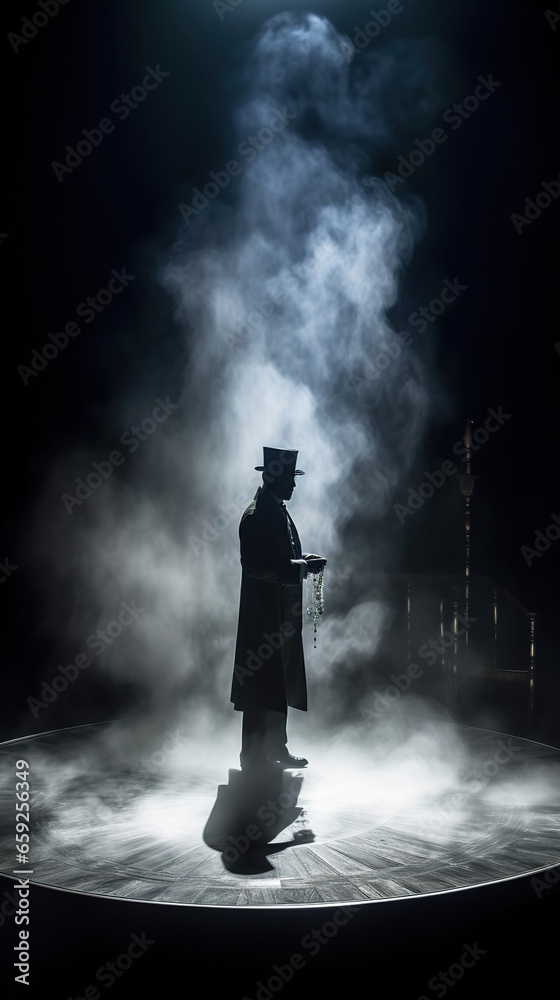 Mystique Unveiled: A Lone Figure on a Foggy Stage,Silhouette of a ...