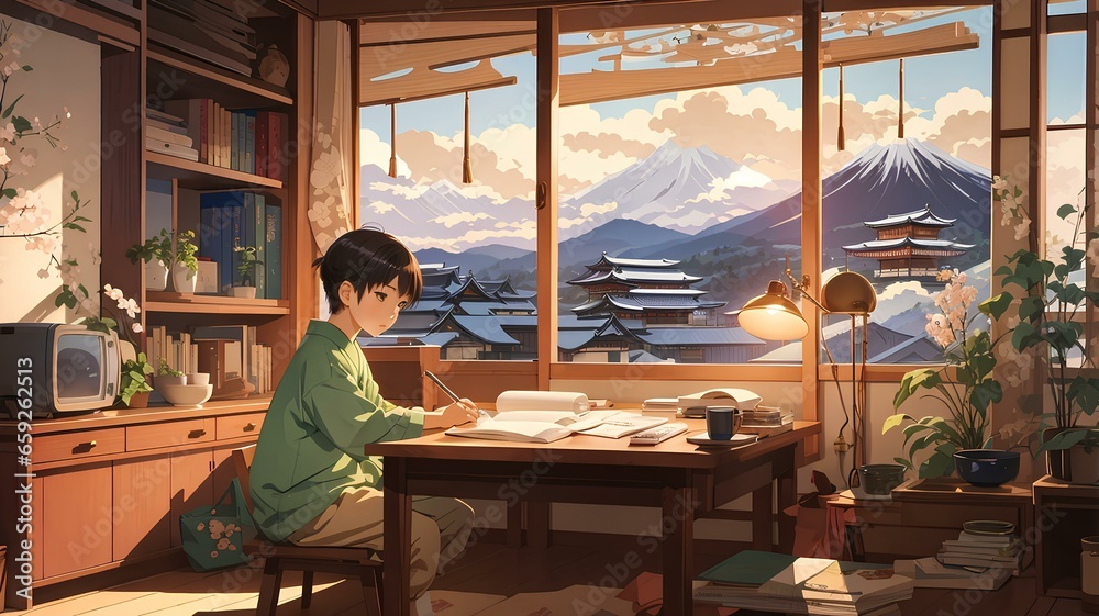Young kid studying in a cozy traditional Japanese house. Vector art ...