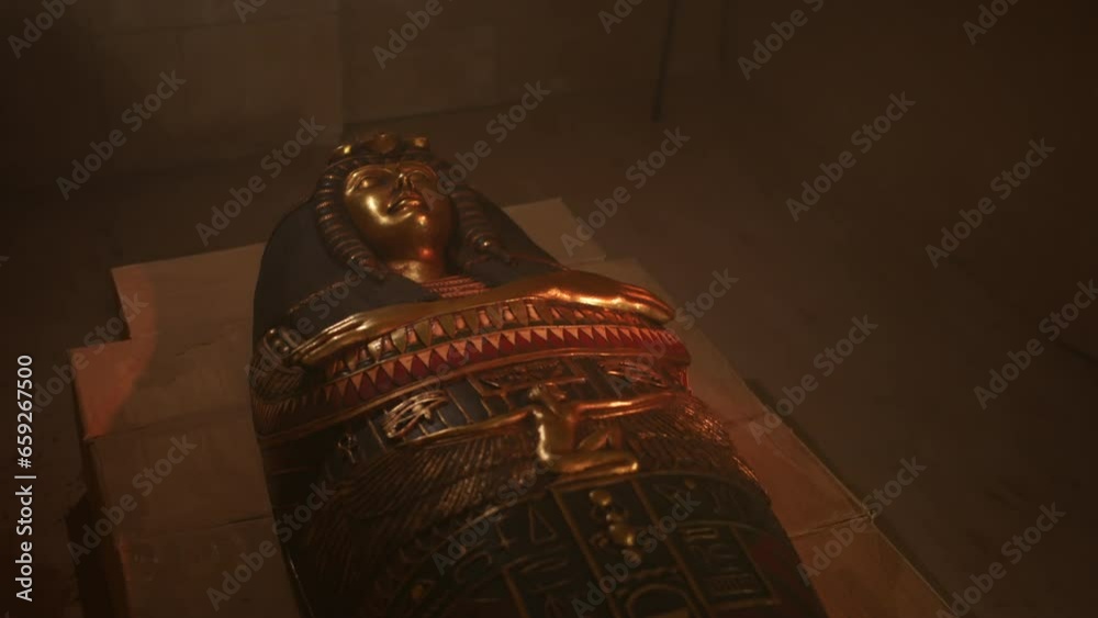 A golden mummy sarcophagus laying in a chamber in a tomb in the ...