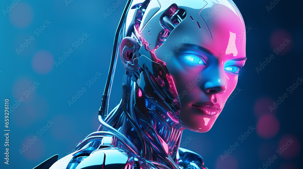 Amazing Smart Cyborg with Blue Pink Moody 80s Lighting 3D Illust Stock ...
