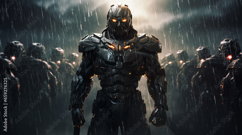 Smart Super Robot Army in a Dark and Wet Background Stock Illustration ...