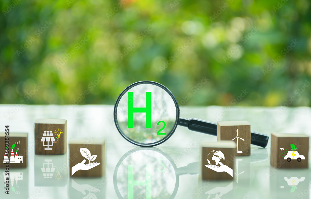 H2 hydrogen innovation concept. H2 symbol on magnifying glass. Zero ...