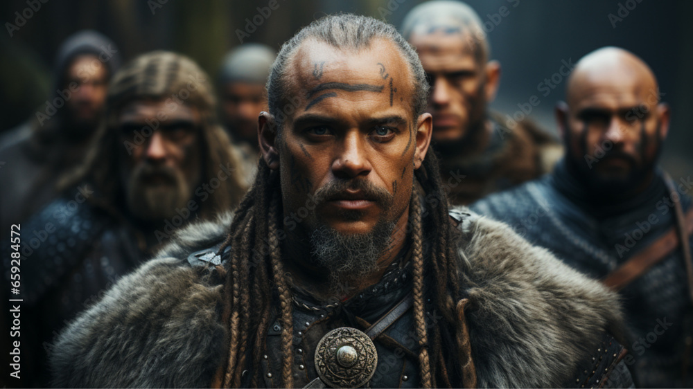 Norse Viking men, dressed in typical Viking attire, with a bald and ...