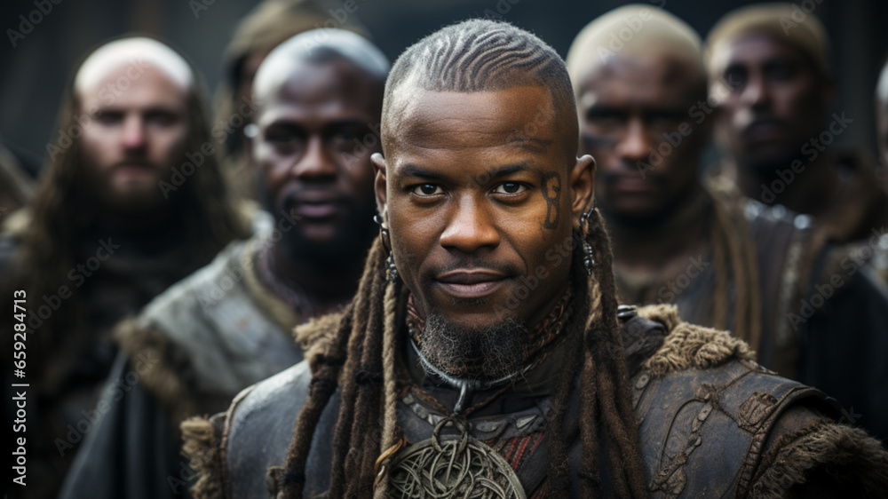 Norse Viking men, dressed in typical Viking attire, with a bald and ...