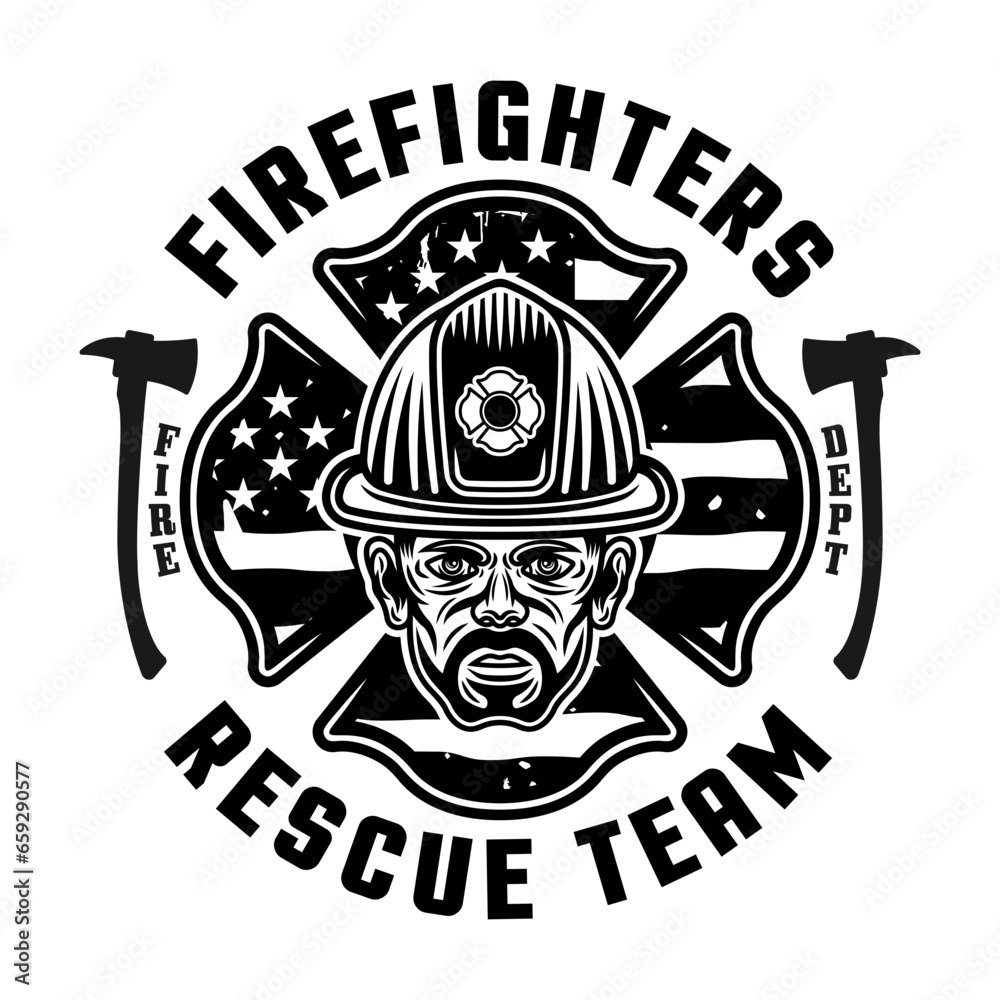 Firefighters vector emblem, logo, badge or label design illustration in ...