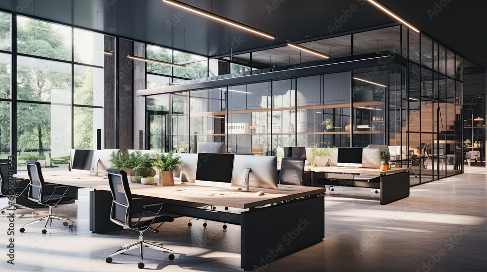 Interior of modern open space office with black walls, concrete floor ...