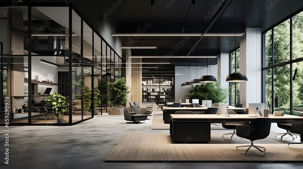 Interior of modern open space office with black walls, concrete floor ...