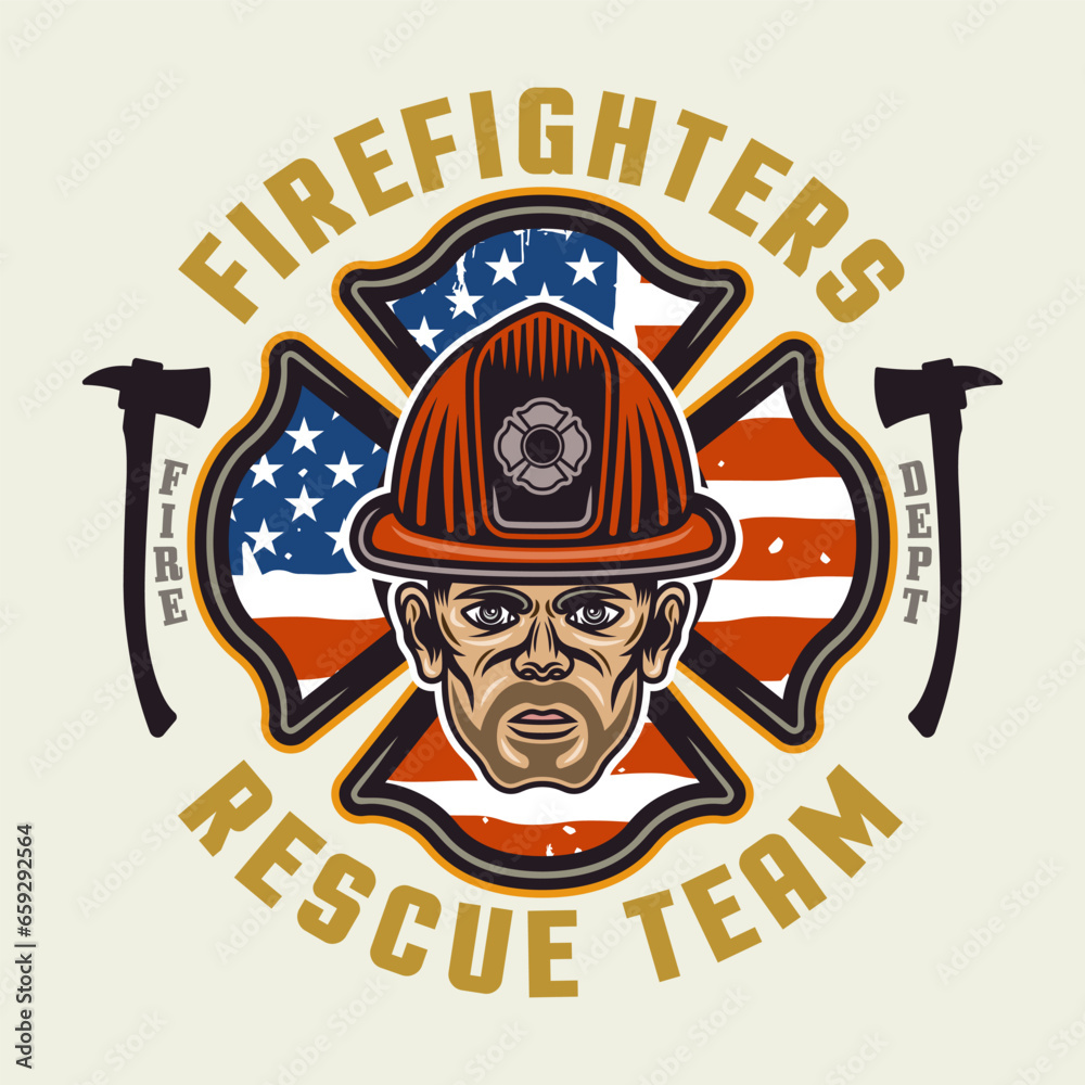 Firefighters vector emblem, logo, badge or label design illustration in ...