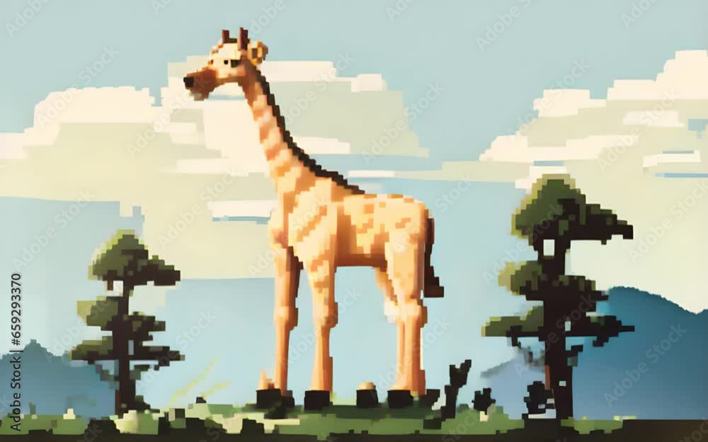 A pixel giraffe on a background of trees and clouds. Pixel art concept ...