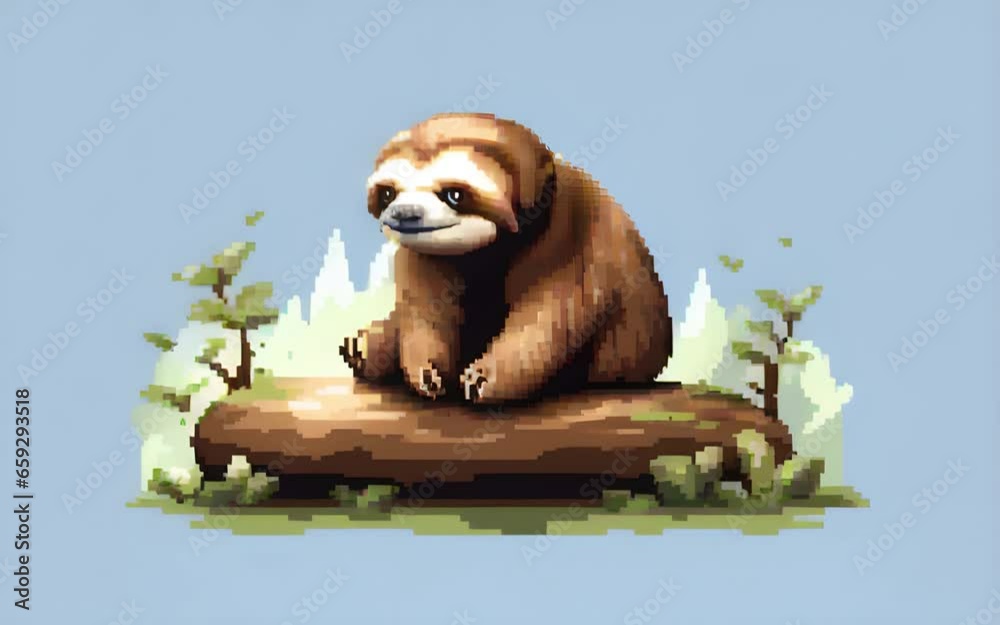 Pixel sloth on a tree with a leaf. Pixel art concept. Cartoon style ...