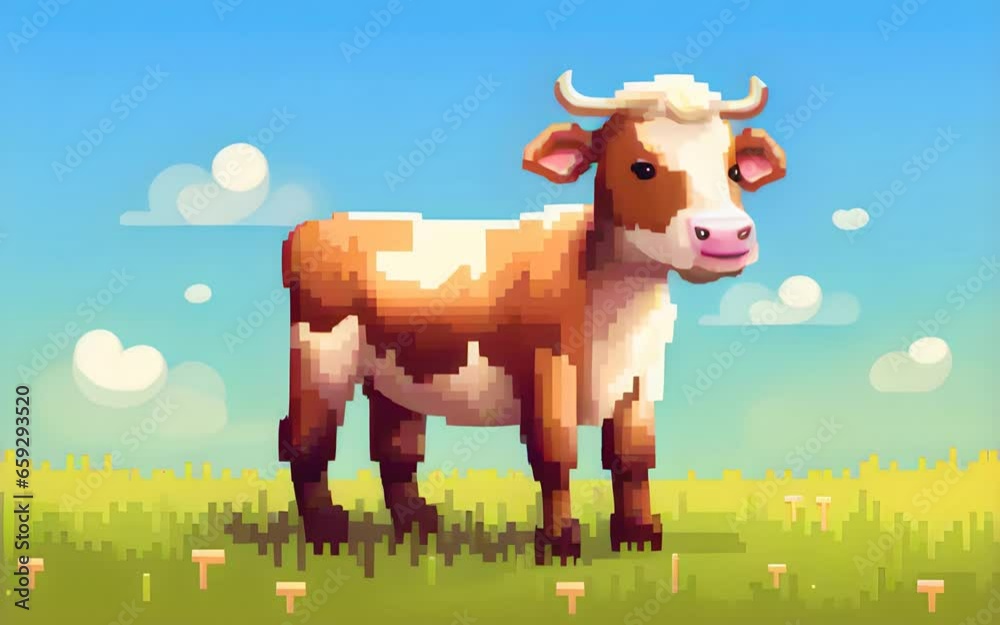 A pixelated cow in a meadow on a sky background. Pixel art concept ...