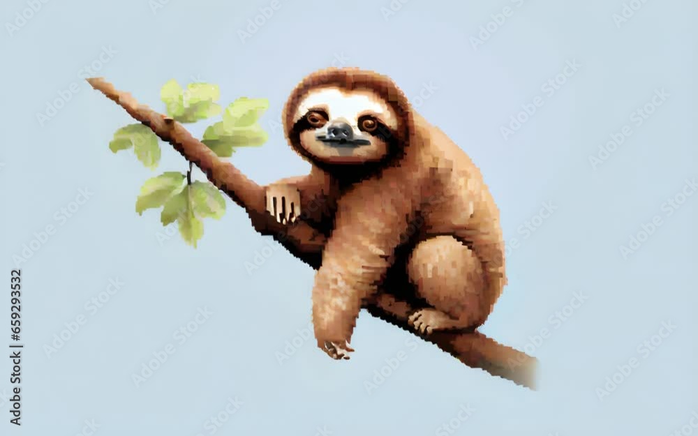 Pixel sloth on a branch with a leaf. Pixel art concept. Cartoon style ...