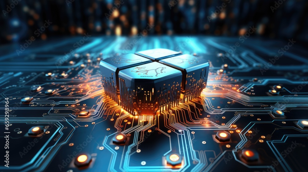 AI data mining machine learning and modern computer technologies with a brain symbolized by a ...