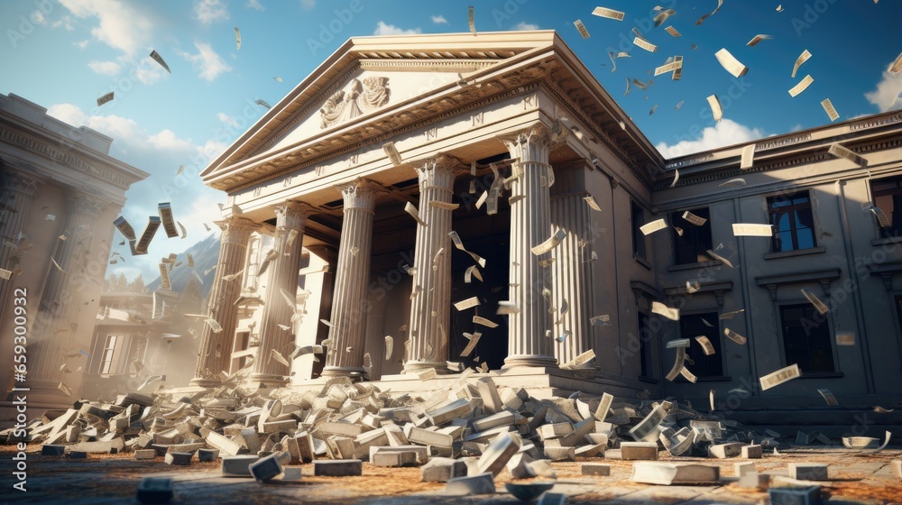 Bank building collapses causing bankruptcy and a financial crisis ...