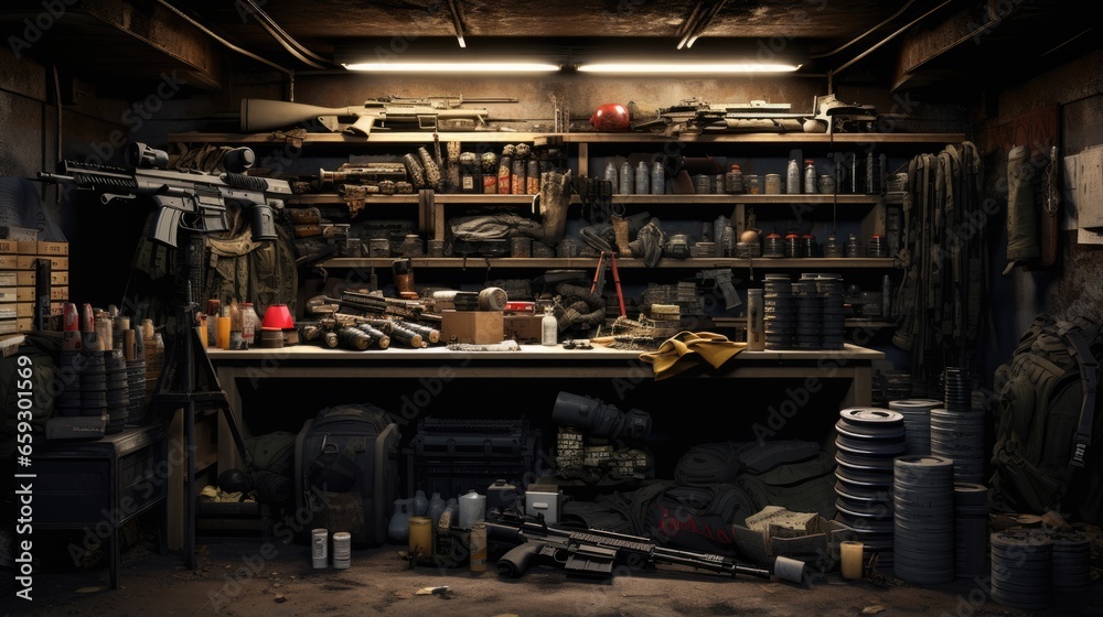 Different weapons and military gear stored downstairs Stock Photo ...