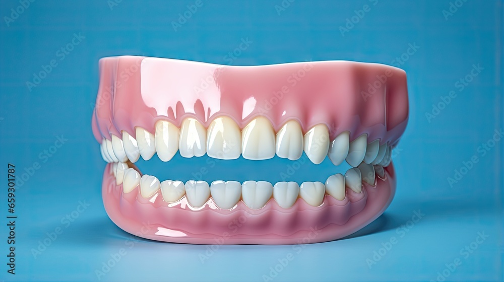 Blue plastic model of teeth gums and jaw on a clean background ...