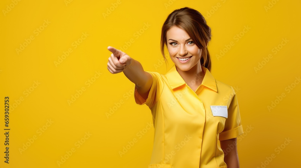 Charming portrait of a radiant nurse pointing at a clear yellow ...