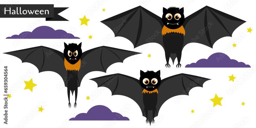 Set with three different bats for Halloween. Ordinary black bat, fat ...