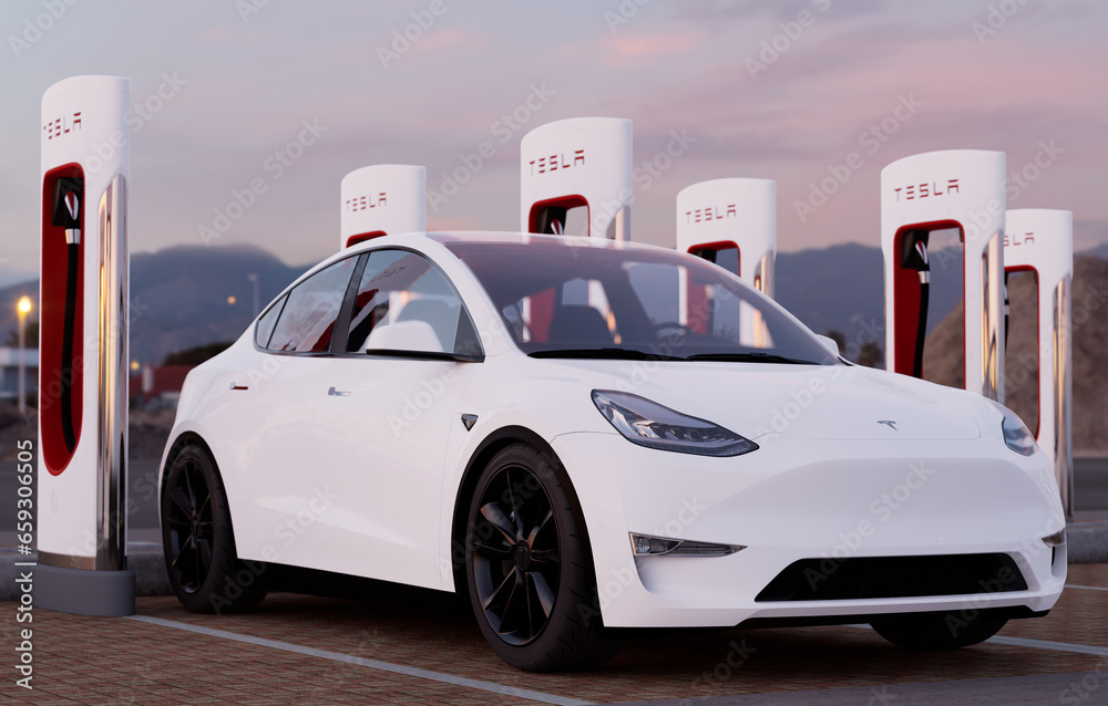 Charging a Tesla Model Y at a Tesla Supercharger fast charging .3d ...