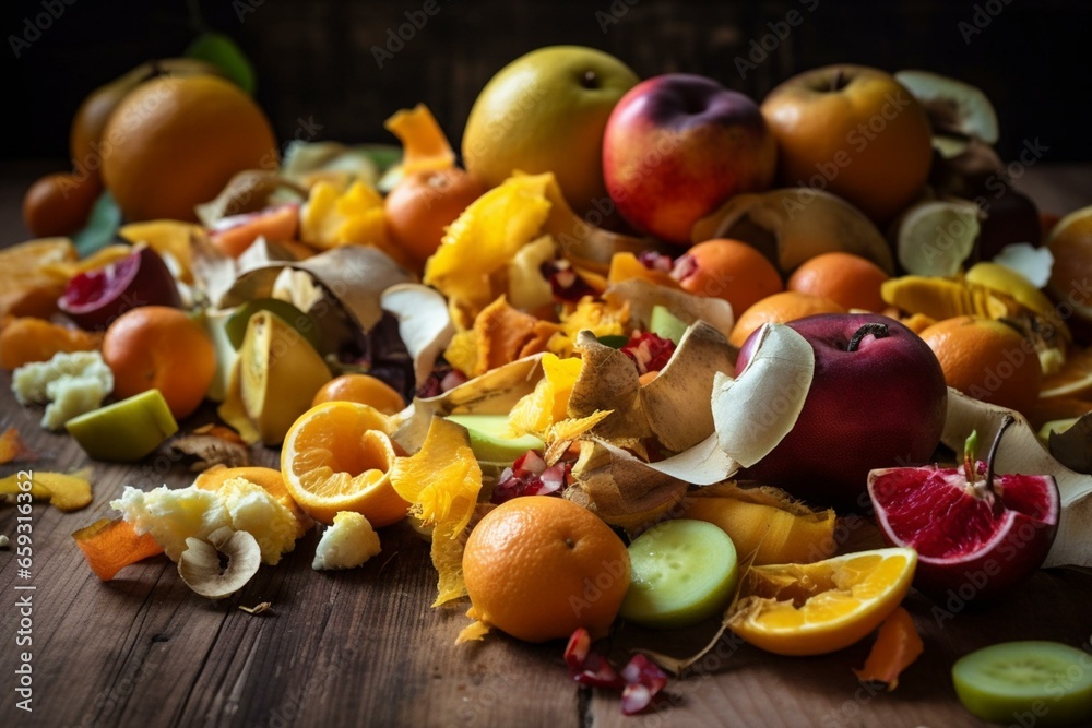 Leftover organic food waste - fruits and veggies peels. Generative AI ...