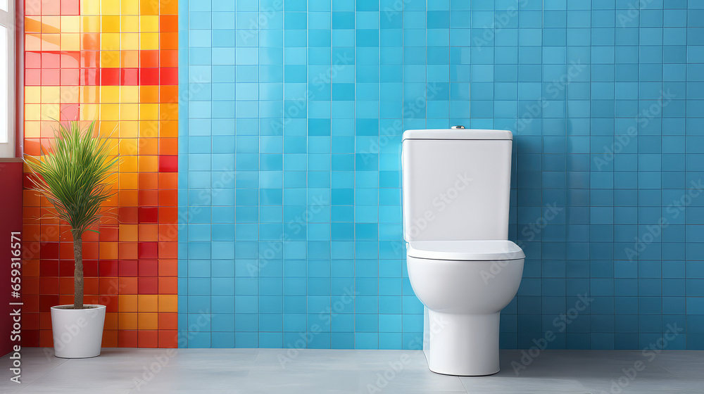 Modern toilet stands against the wall with colored tiles WC room, copy ...
