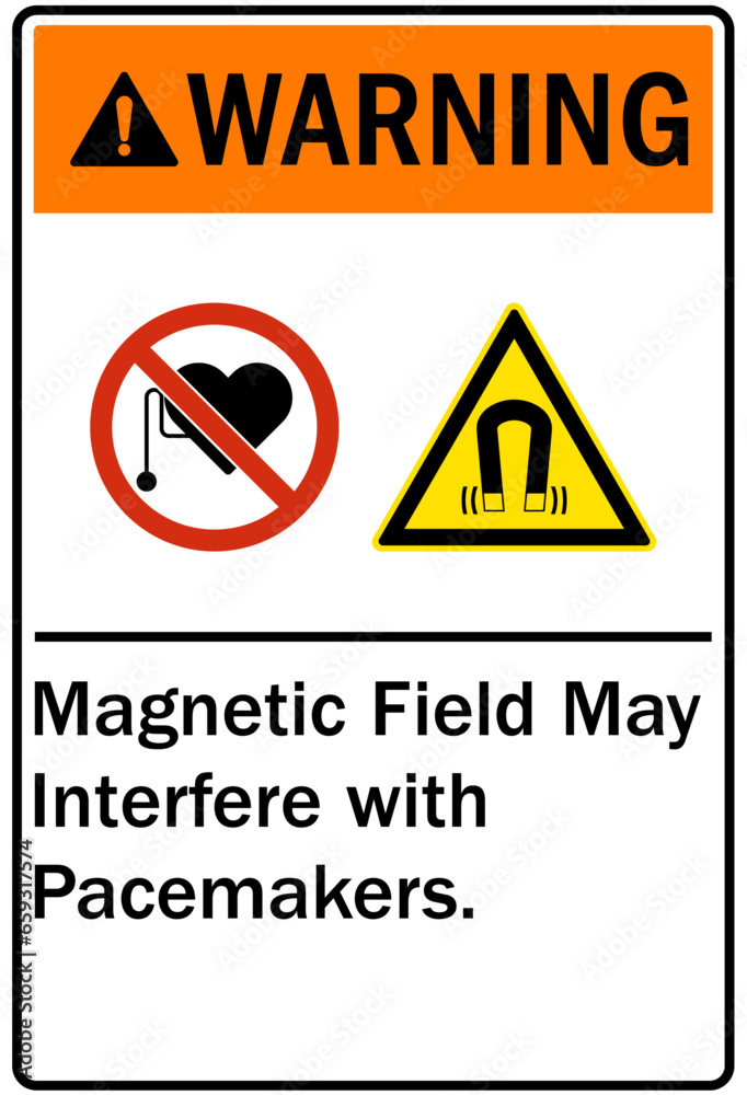 Pacemaker and magnetic hazard warning sign and labels magnetic field ...