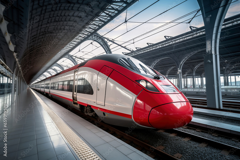 Red and white modern high-speed train on a railway platform. Boarding ...