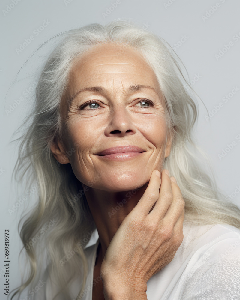 expressive portrait of a naturel mature woman with white hair and blue ...