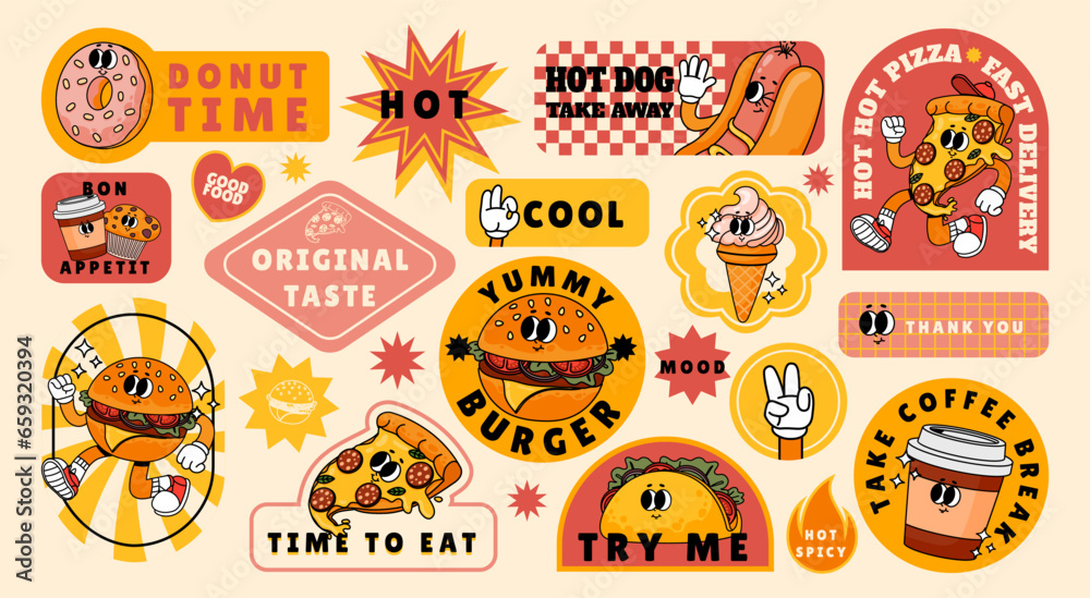Cartoon fast food stickers. Retro comic cards and label with hot dog ...