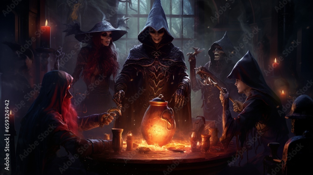 humans dressed as vampires gathered around a cauldron, brewing up a ...